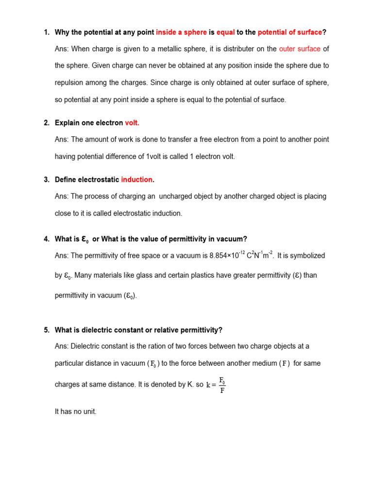 Electrostatics Concepts Explained | PDF | Permittivity | Electrostatics