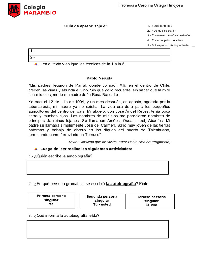 Autobiografía Pablo Neruda 3° | PDF