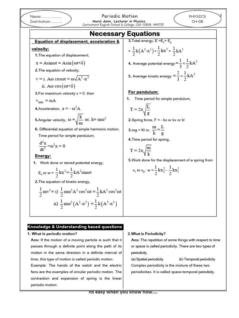 Periodic Motion Basic By Nurul Amin Sir Pdf Oscillation Frequency