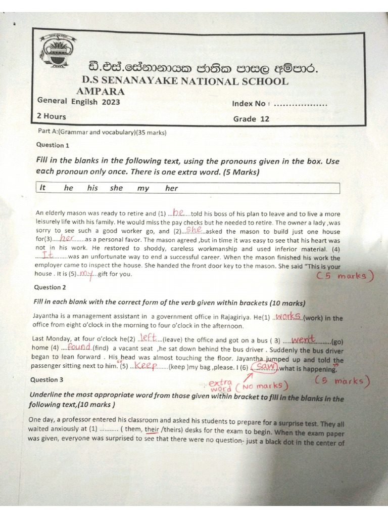 Grade 12 English Paper With Answers | PDF