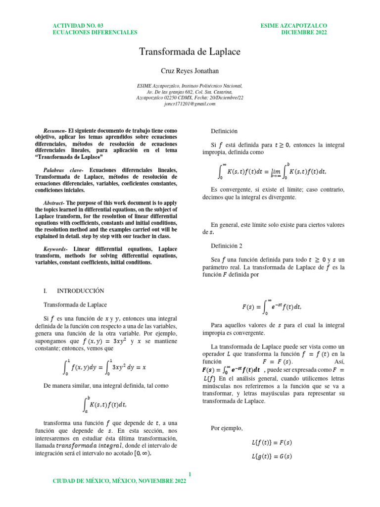 Cruz Reyes Jonathan - Act.03 - Transformada de Laplace | PDF | Integral ...
