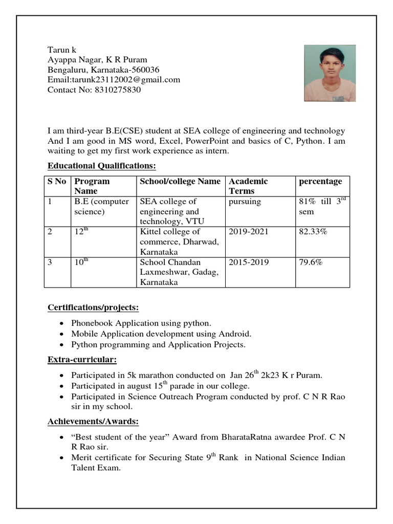 B.E. CSE Student Resume for Internship | PDF | Computers