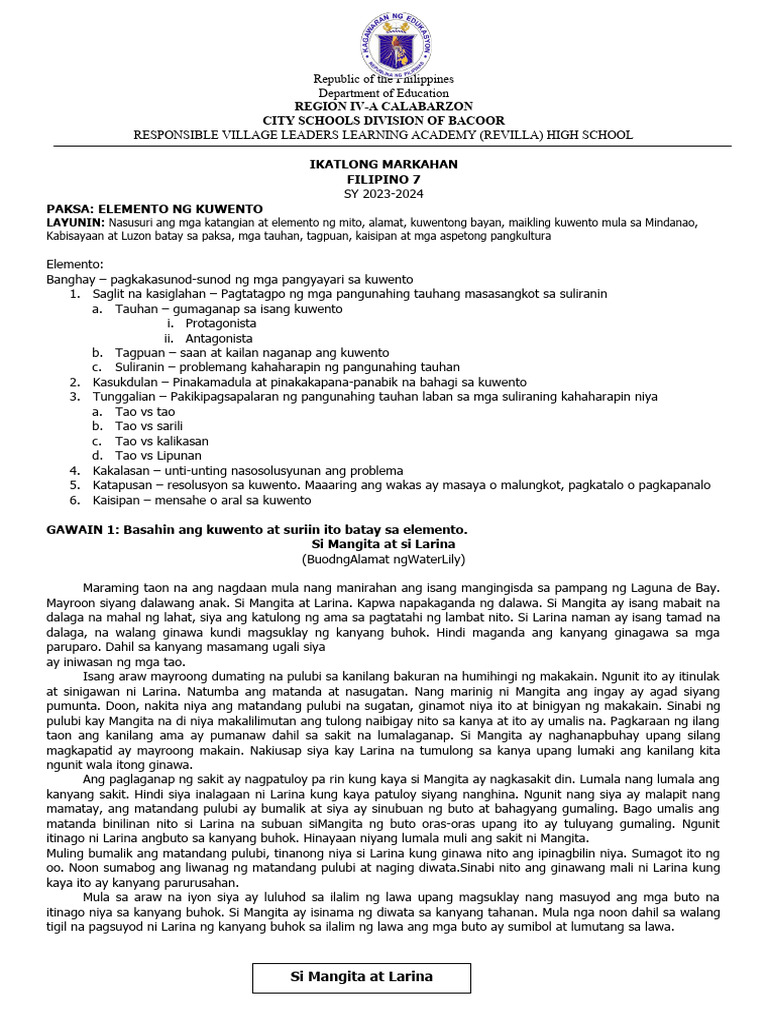 Filipino 7 Intervention Activity - Pagsusuri NG Alamat | PDF