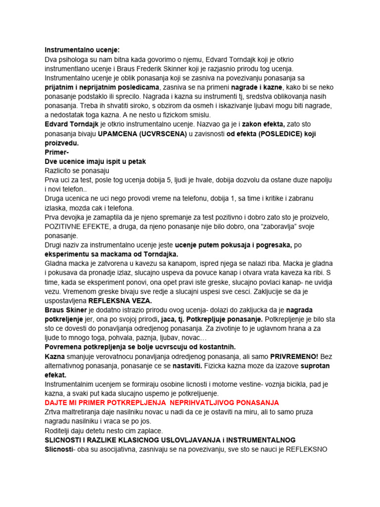 Instrumentalno Ucenje I Rani Biheviorizam | PDF