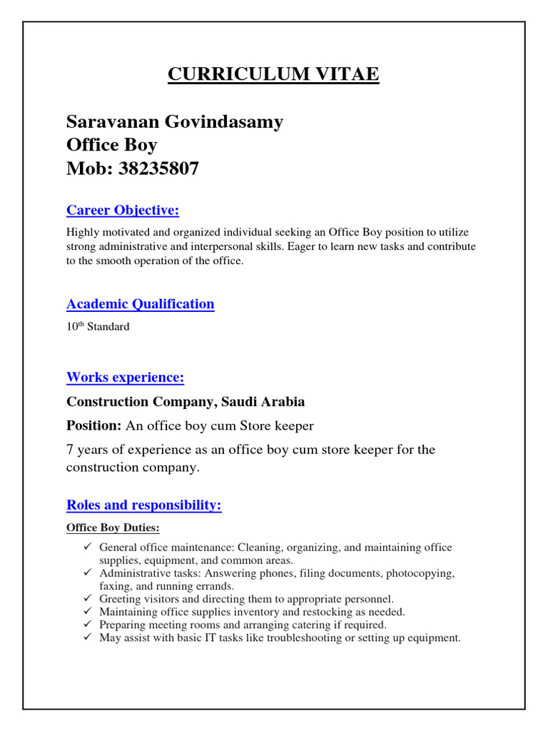 Saravanan Office Boy CV | PDF