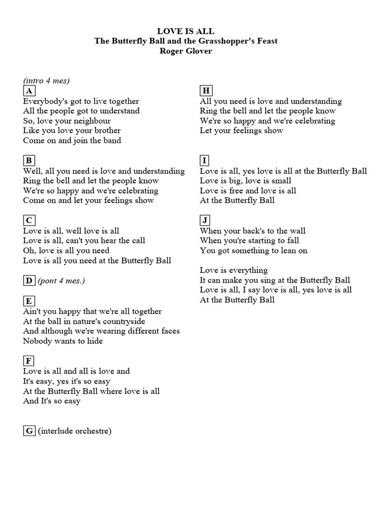 Love Is All: Lyrics from The Butterfly Ball | PDF | Language Arts ...