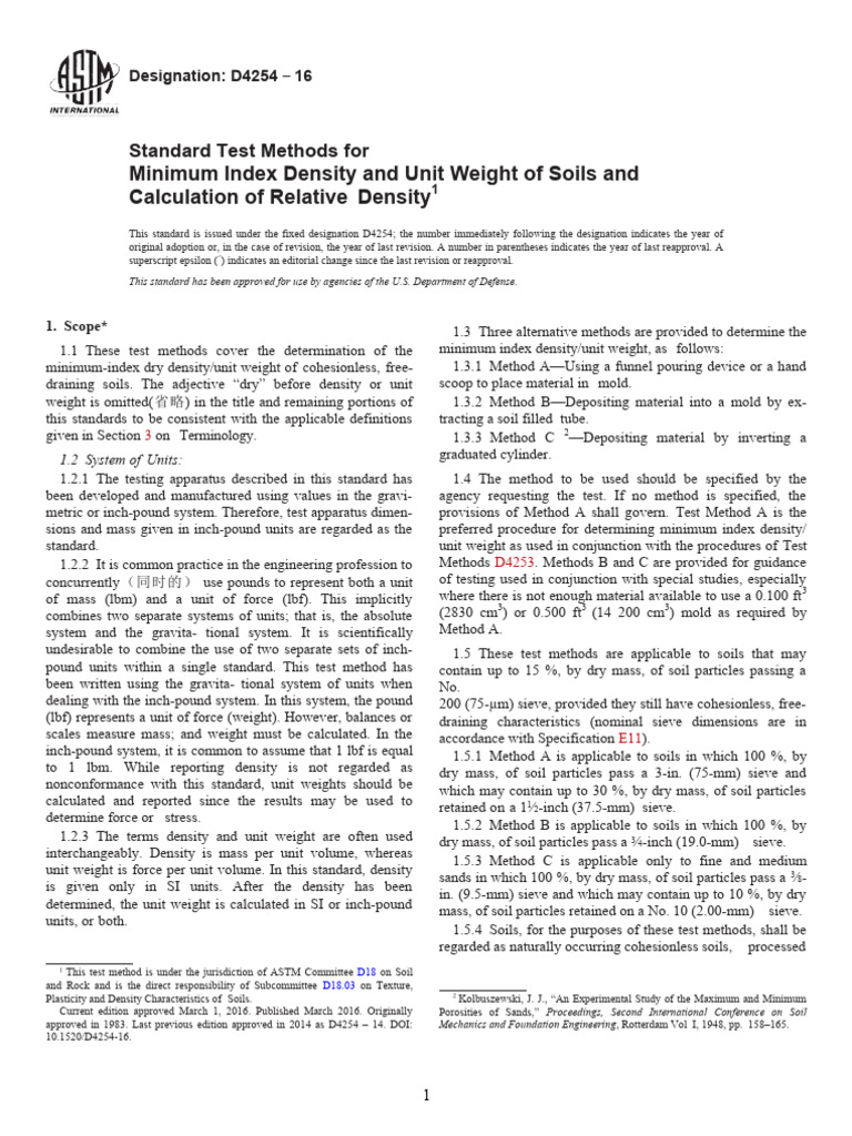 ASTM D4254-16 Minimum Index Density and Unit Weight of Soils and Calculation of Relative Density ...