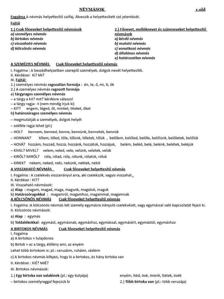 Nyelvtan. 6.o Névmások | PDF