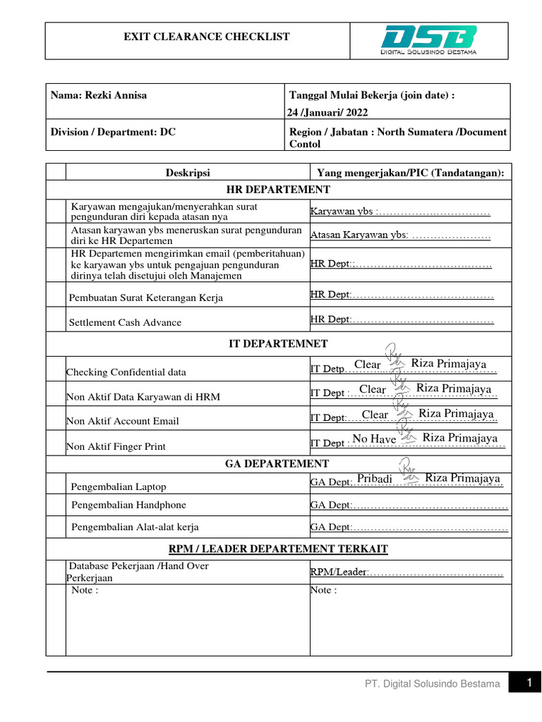 Form - Exit Clearance Rezki Annisa | PDF