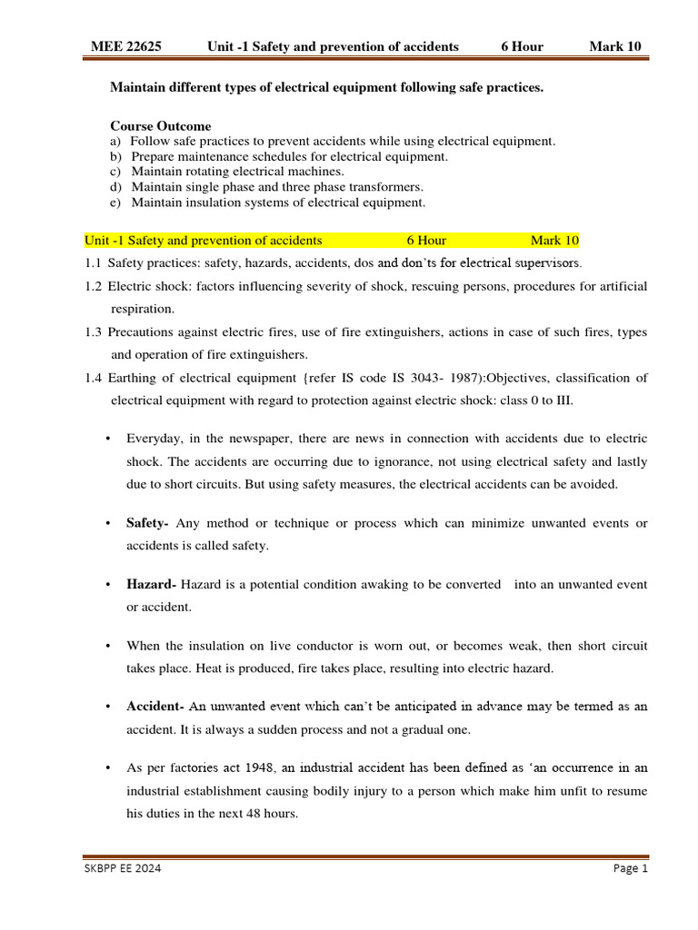 MEE Unit 1 | PDF | Fires | High Voltage