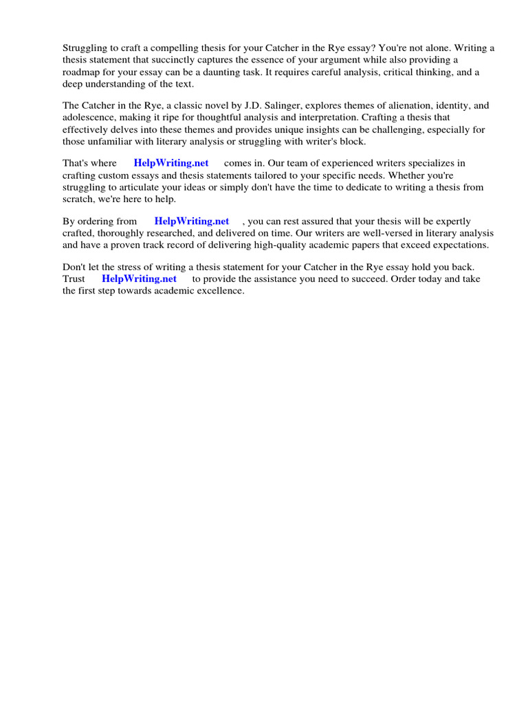 Thesis For Catcher in The Rye Essays | PDF