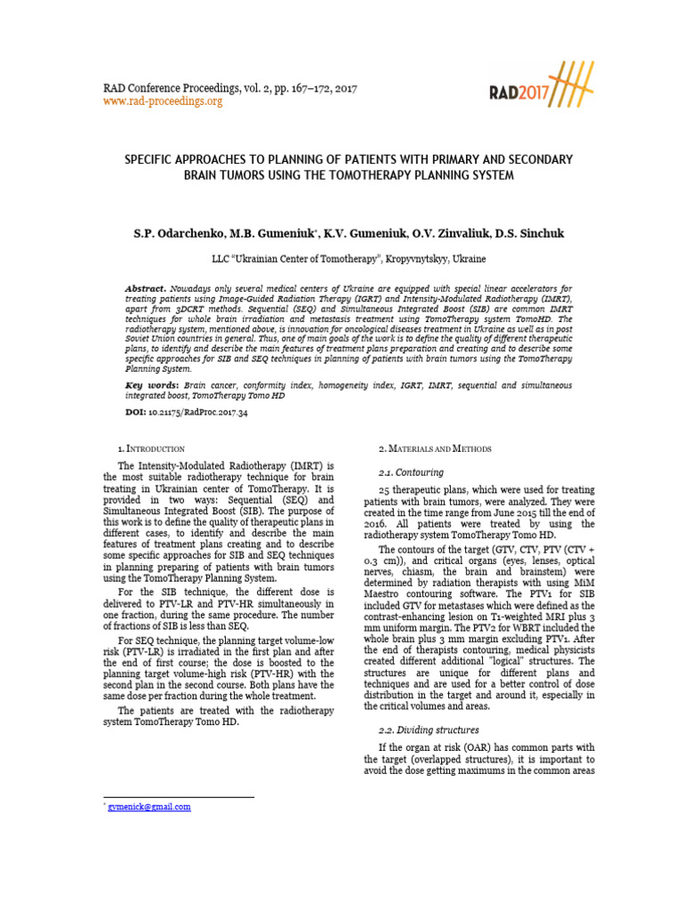 Specific Approaches To Planning of Patients With Primary and Secondary Brain Tumors Using The ...