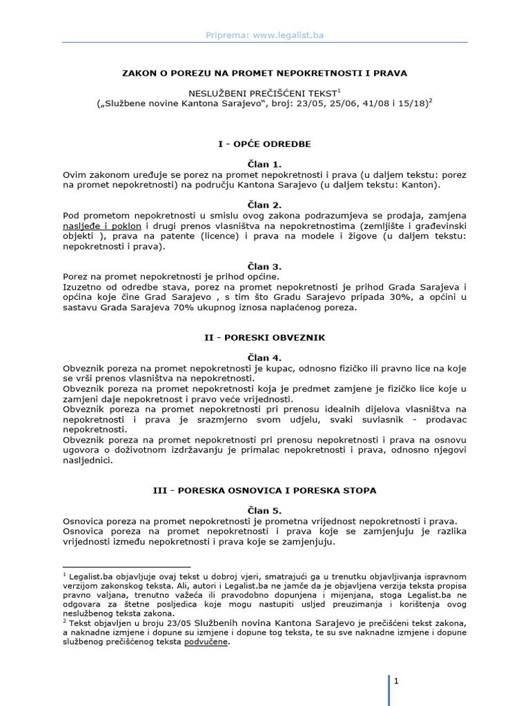 Zakon o Porezu Na Promet Nekretnina I Prava KS Nesluzbeni Precisceni Tekst | PDF