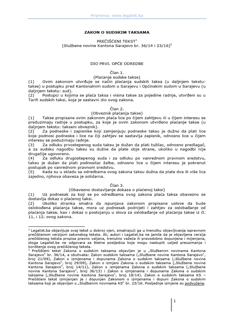 Zakon o Sudskim Taksama Kantona Sarajevo Nesluzbeni Precisceni Tekst | PDF