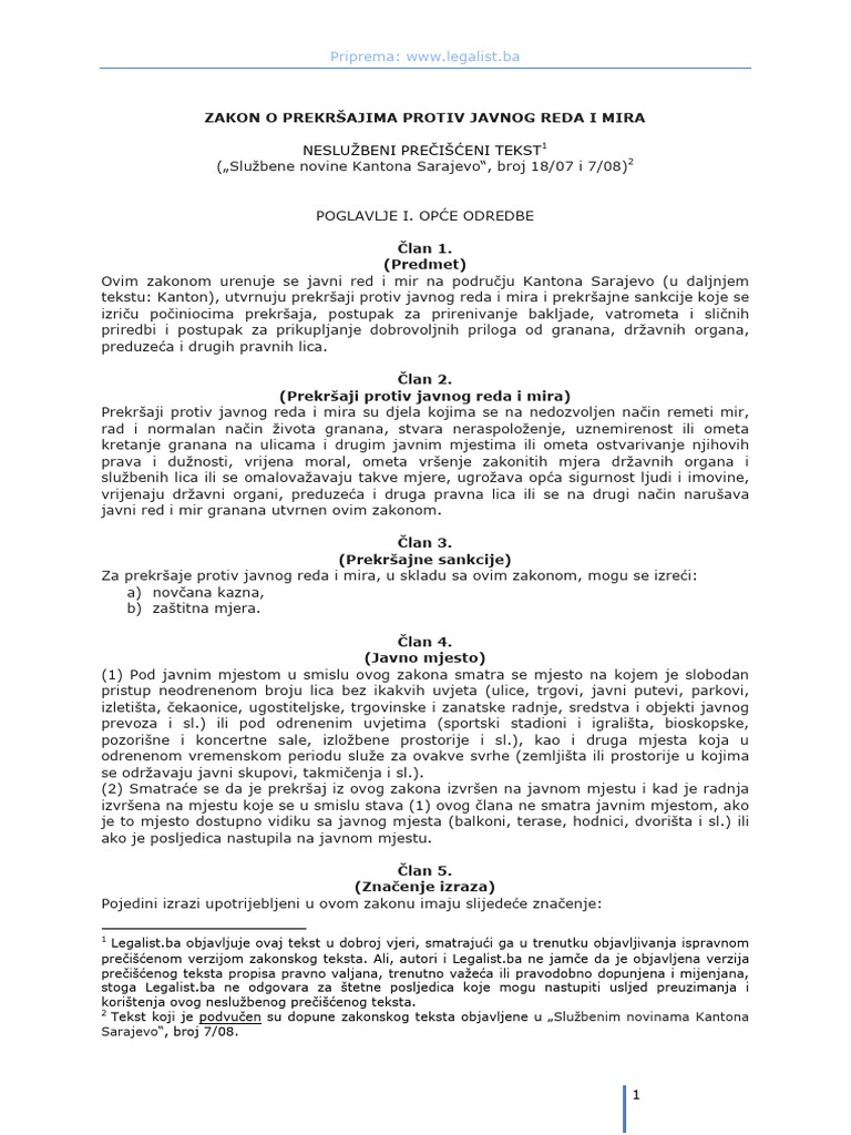 Zakon o Prekrsajima Protiv Javnog Reda I Mira KS Nesluzbeni Precisceni Tekst | PDF