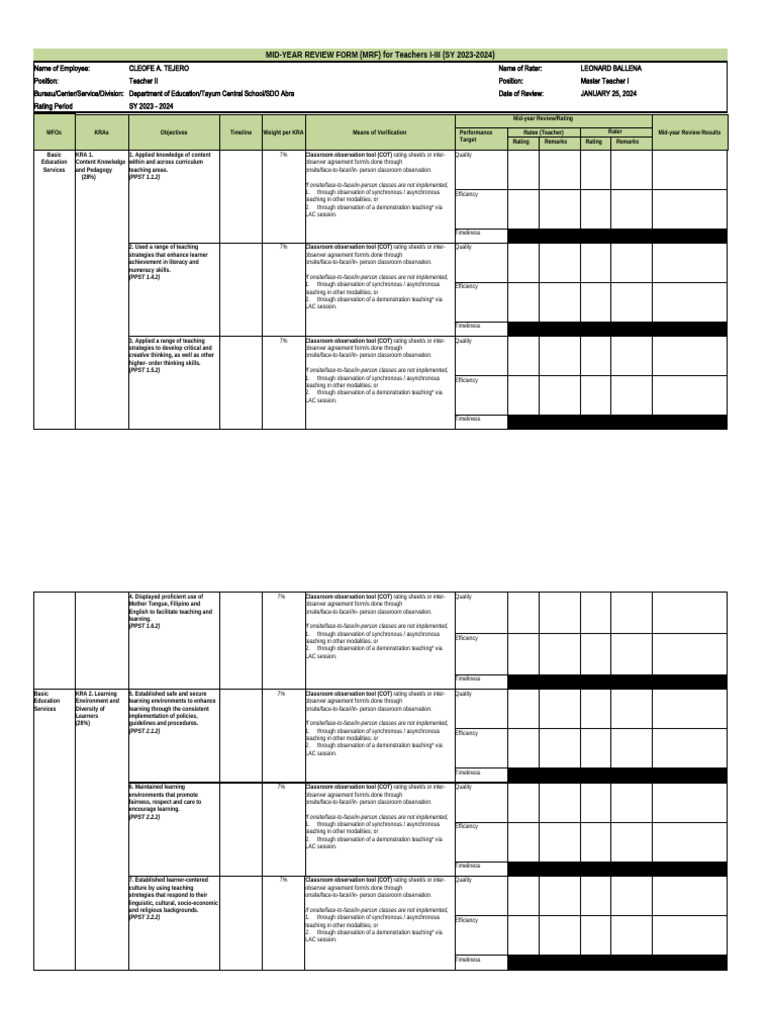 Mid-Year Teacher Review Form 2023-2024 | PDF | Learning | Lesson Plan