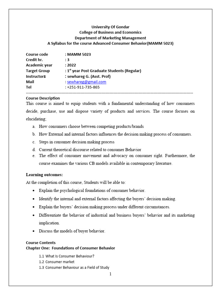 CB Syllabus - 2022 | PDF | Behavior | Consumer Behaviour