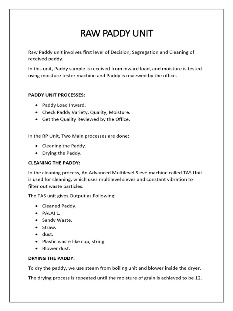 Raw Paddy Unit | PDF