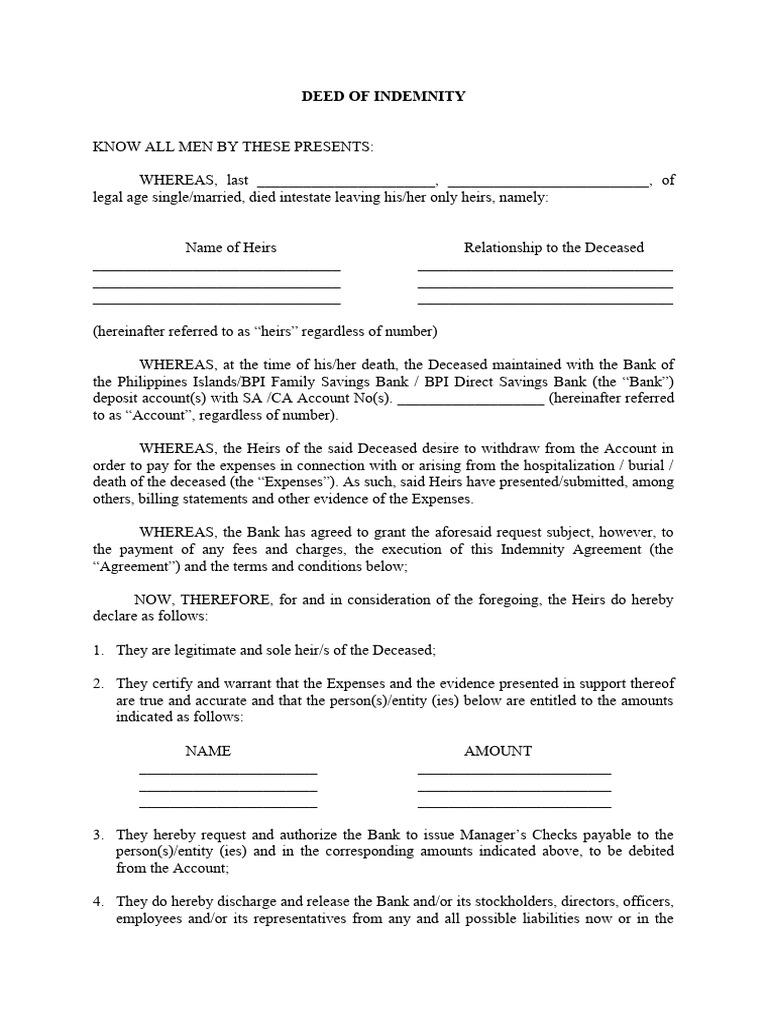 Deed of Indemnity | PDF | Banks | Cost
