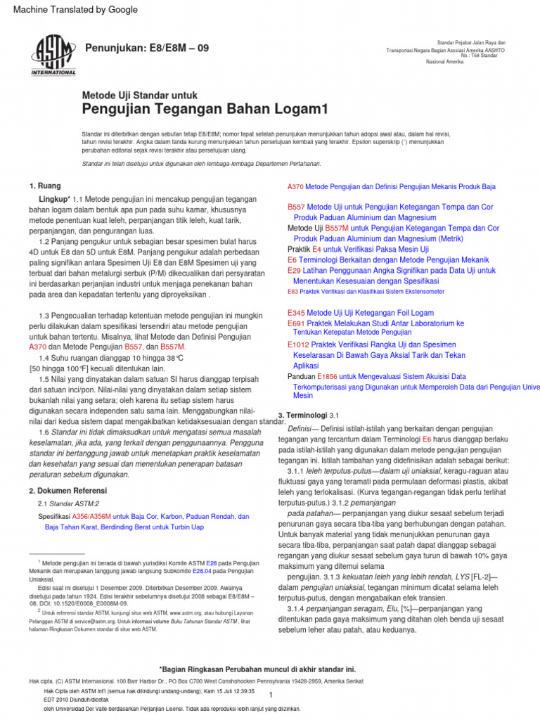 ASTM-E8-E8m-09 Uji Tarik Logam BI | PDF