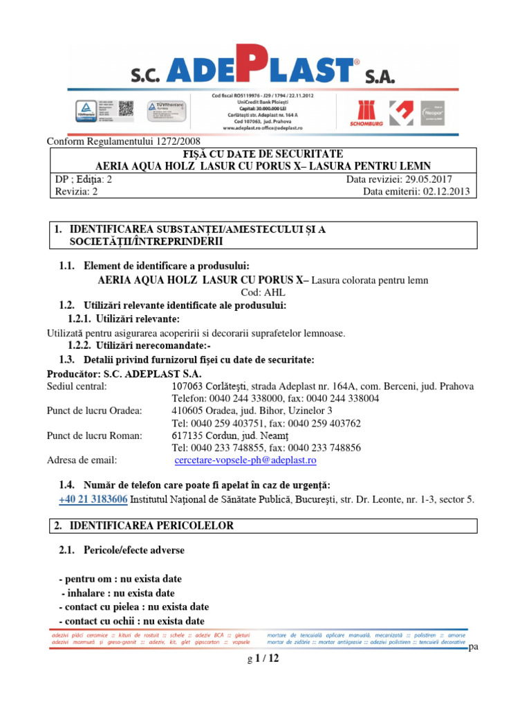 AERIA AQUA HOLZ LASUR Cu PORUS X Fisa Cu Date de Securitate | PDF
