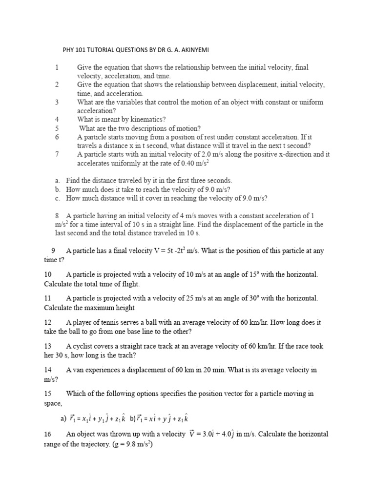 Tutorial Questions Phy 101 DR Akinyemi | PDF | Velocity | Acceleration