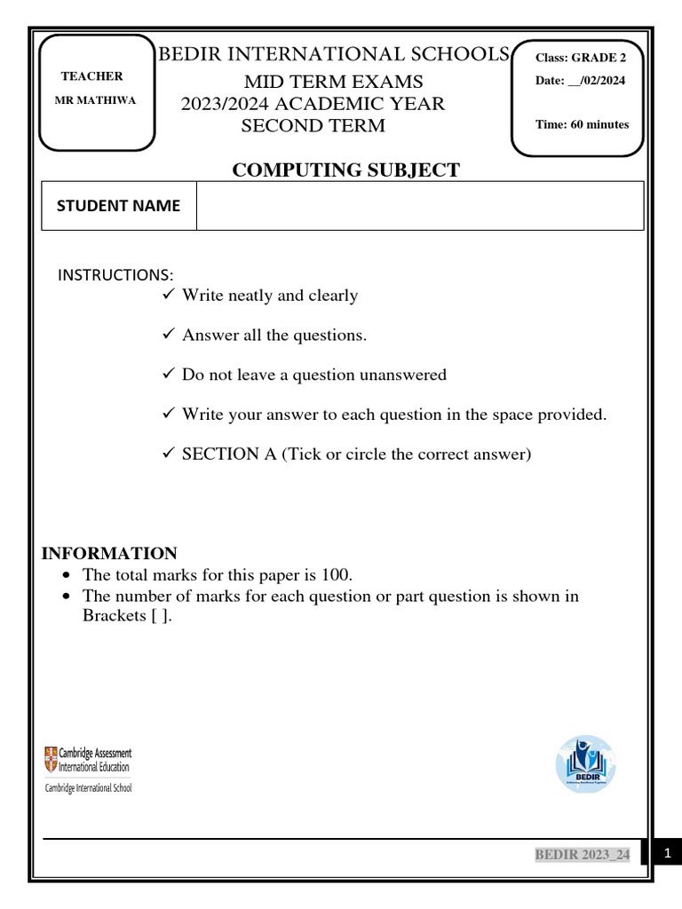 Grade 2 Computer Exams Mid Term Two | PDF | Spreadsheet | Computer Science