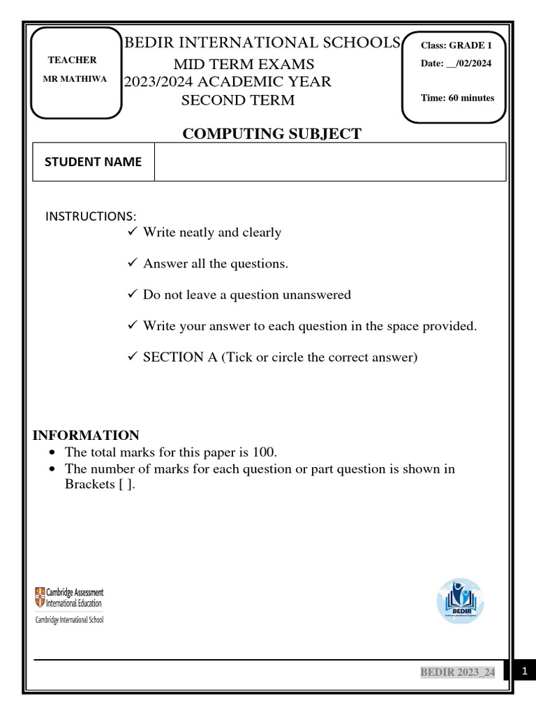 Grade 1 Computer Exams Mid Ter Two Pdf 