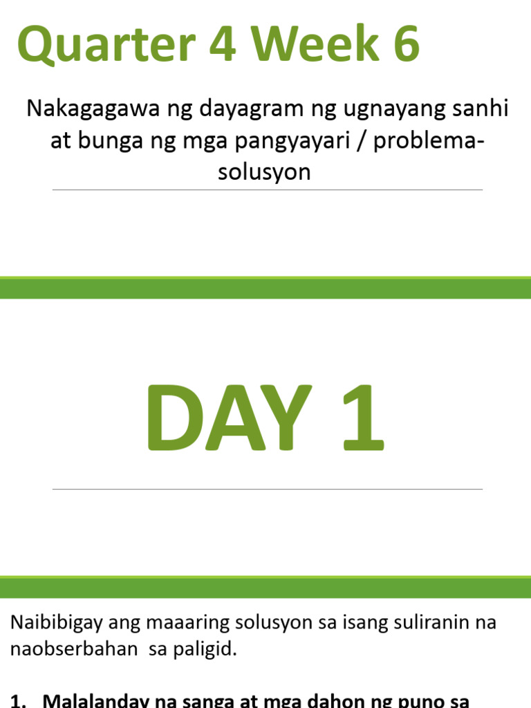 FILIPINO 6 PPT Q4 W6 - Ugnayang Sanhi at Bunga NG Mga Pangyayari, Problema-Solusyon | PDF