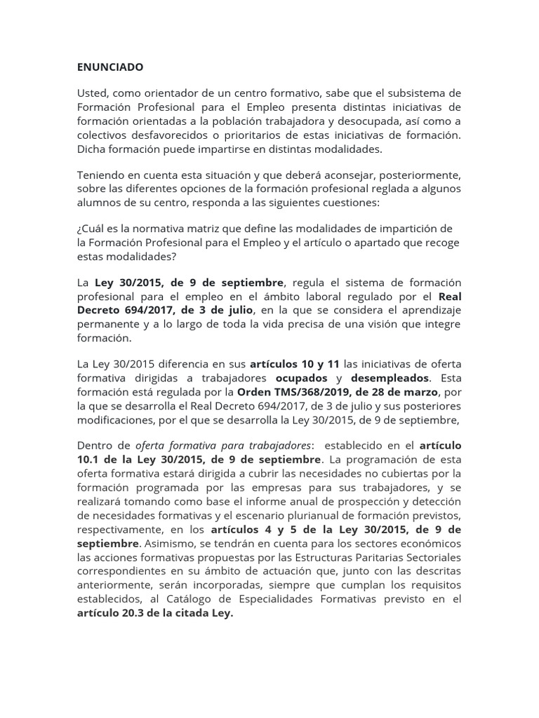 Regulación Normativa de La FPE. Modalidades y Características | PDF | Educación Secundaria ...