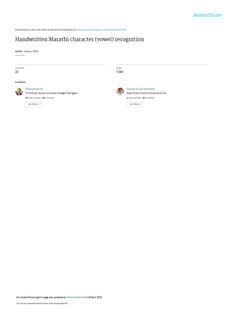 Handwritten Marathi Character Vowel Recognition Pdf