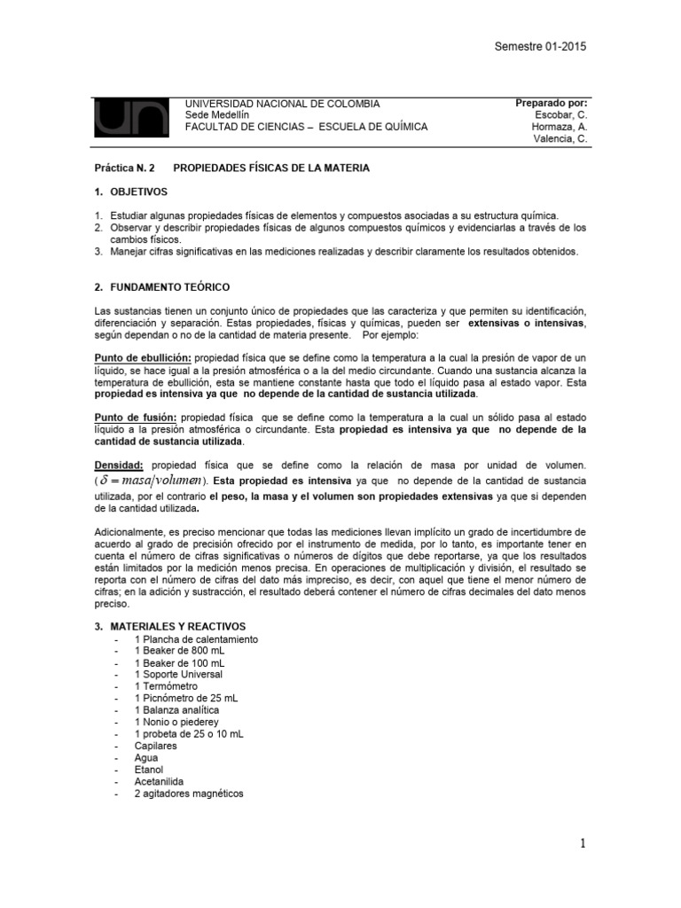 Práctica N. 2 PROPIEDADES FISICAS DE LA MATERIA | PDF | Densidad | Importar