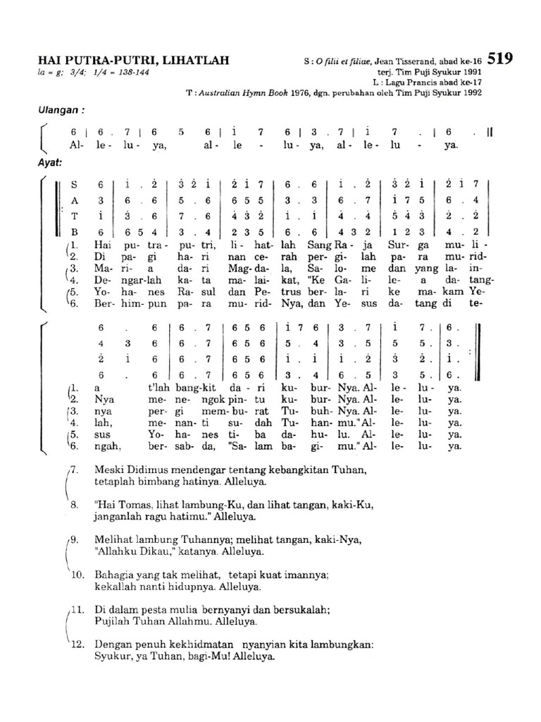 Puji Syukur (PS) 519 - Hai Putra Putri Lihatlah SATB | PDF