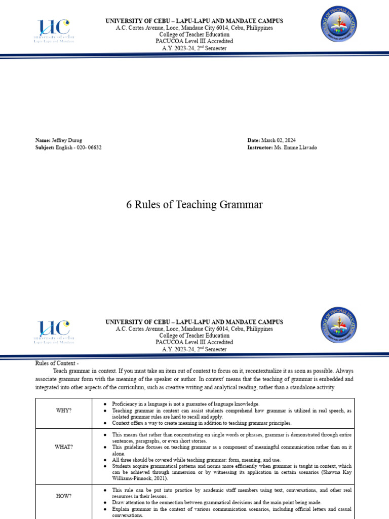 Rulesof Teaching Grammar | PDF | Learning | Teachers