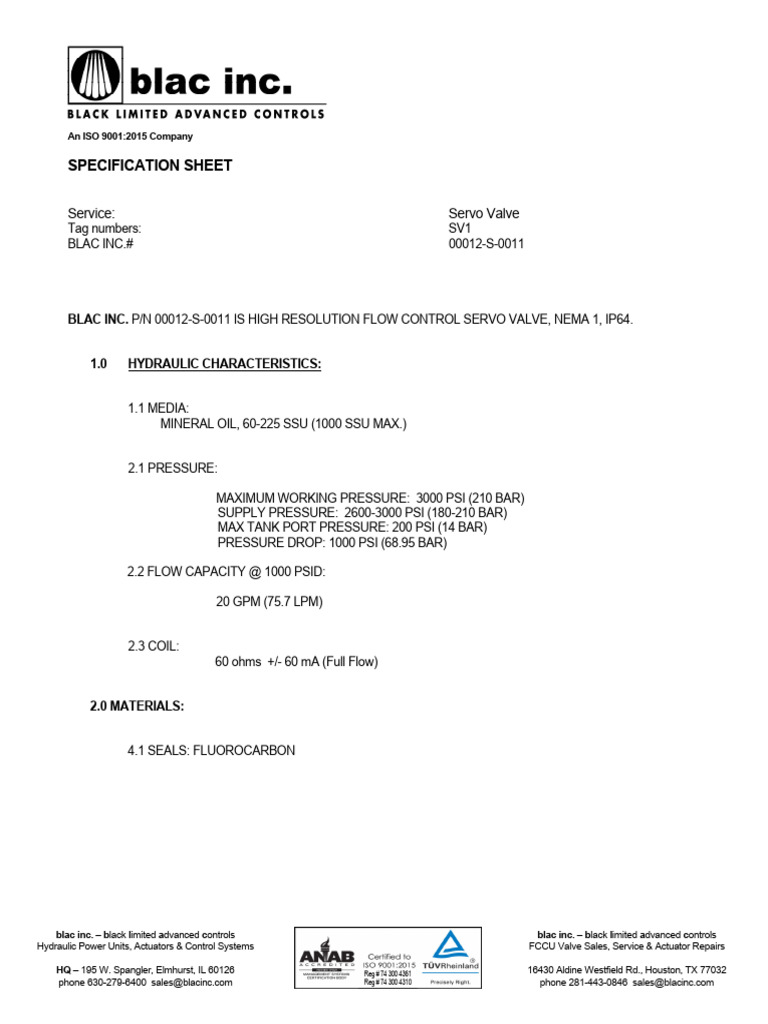 00012 S 0011 Servo Valve Data Sheet Pdf Valve Actuator