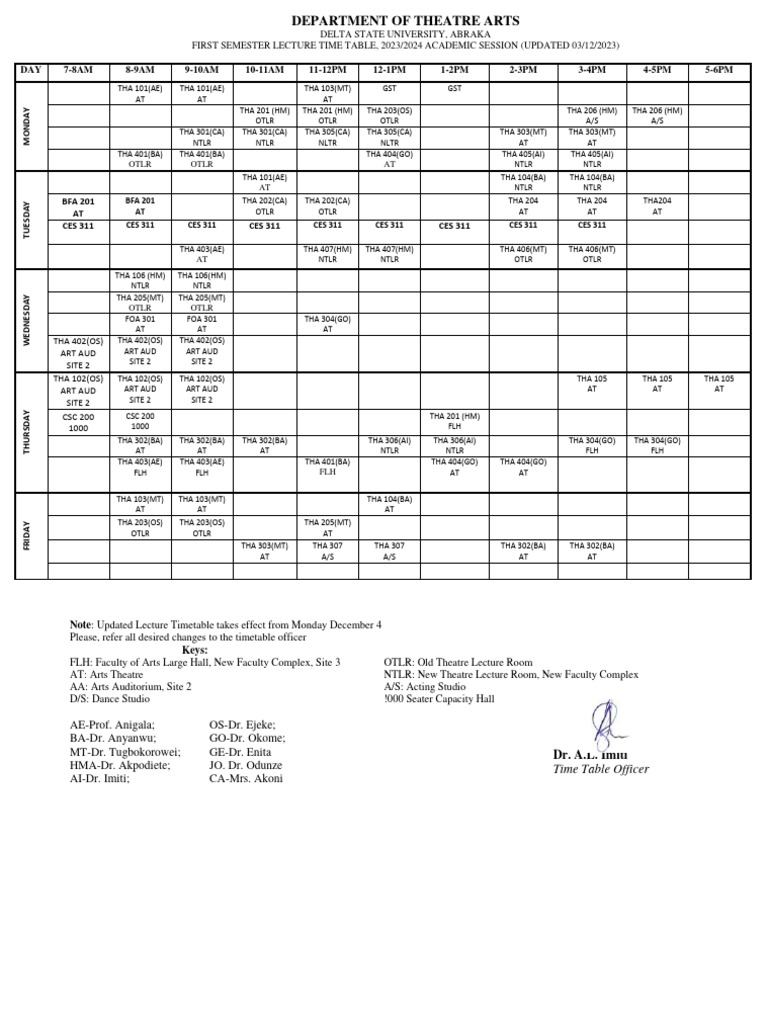 2023 2024 Updated First Semester Lecture Time Table | PDF