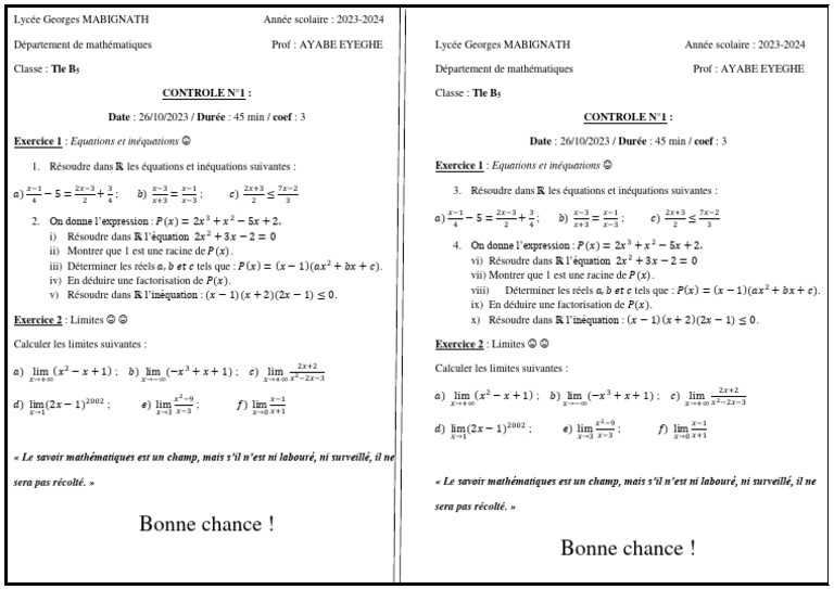 Contrôle de maths : Équations et limites | PDF | Nombre réel | Équations
