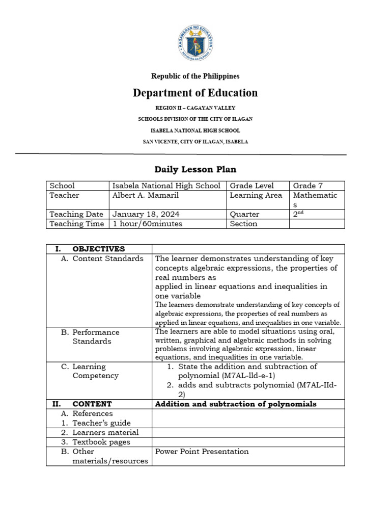 DLP - Addition and Subtraction of Polynomials | PDF | Polynomial ...