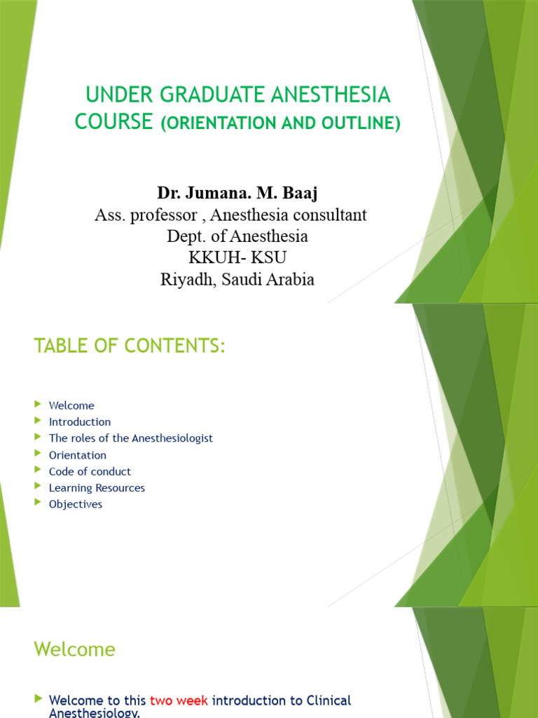 Under Graduate Anesthesia Course (Orientation and Outline Male Group B ...
