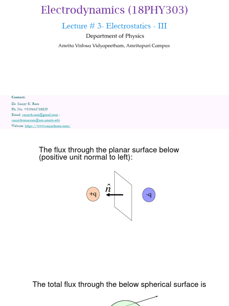 Lec #3 - Electrostatics-III 18PHY303 Electrodynamics | PDF | Electrostatics | Electric Field