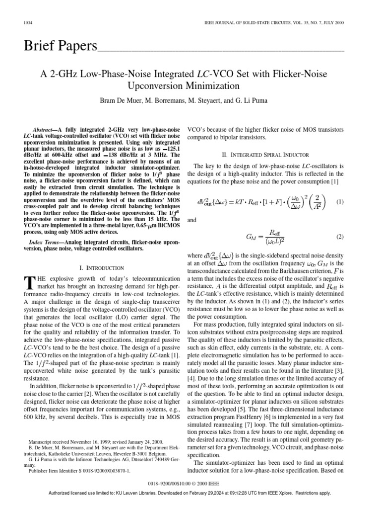 A 2-GHz Low-phase-noise Integrated LC-VCO Set With Flicker-noise ...