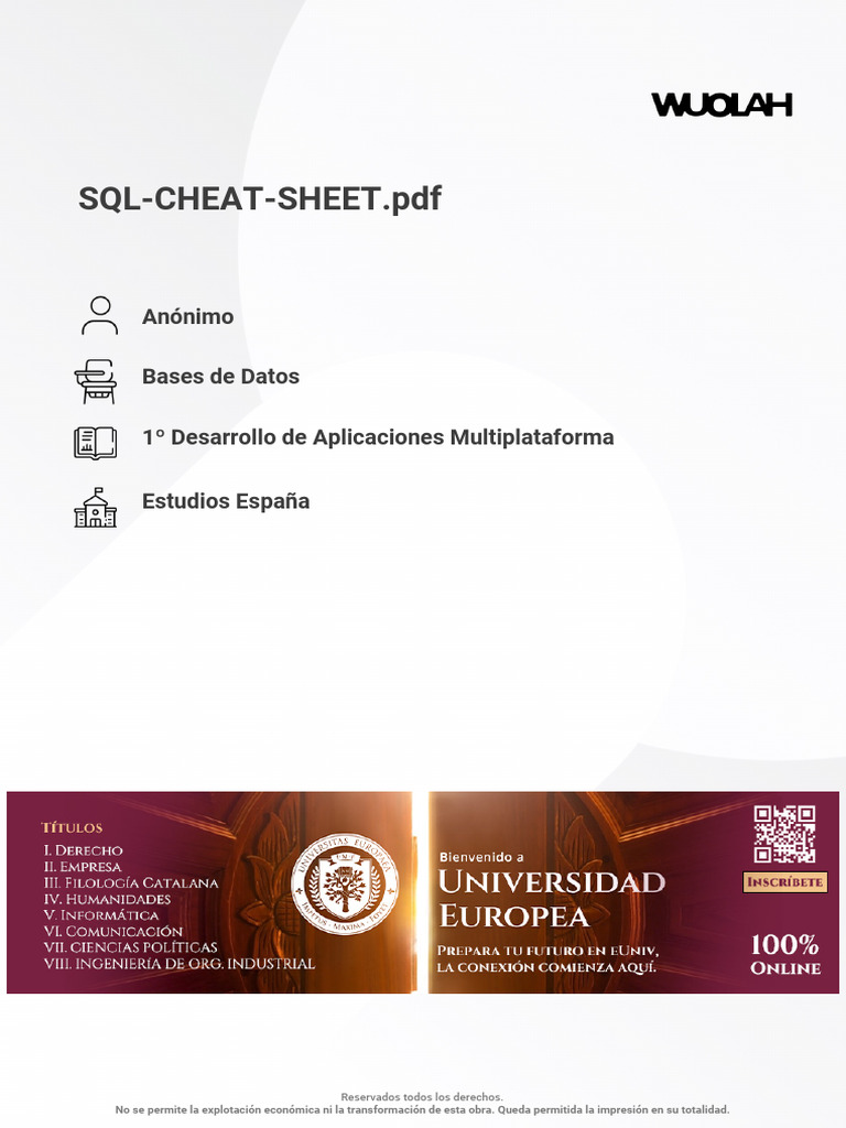 Hoja de trucos SQL para principiantes | PDF | SQL | Tecnologías de la ...