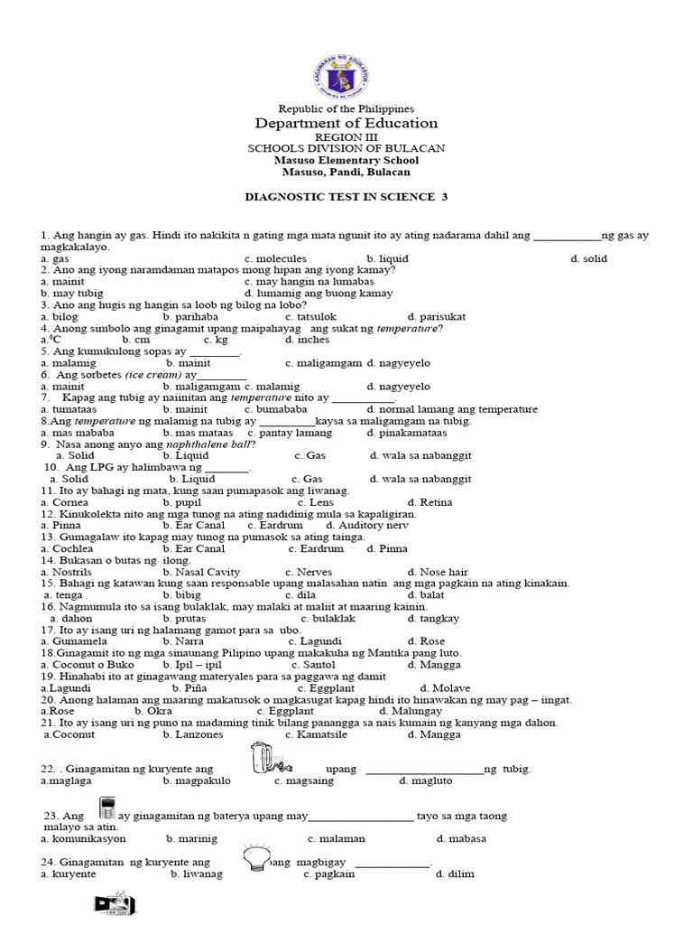 Science3 Diagnostic Test | PDF