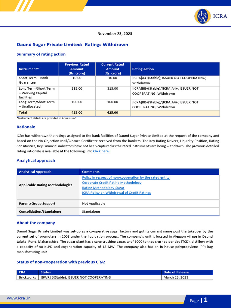 Daund Sugar Private Limited | PDF | Credit Rating Agency | Moody's ...