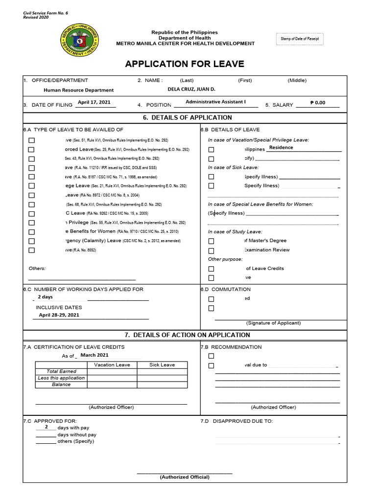 MMCHD CS Form No 6, Revised 2020 (Application For Leave) (Fillable) | PDF | Sick Leave ...