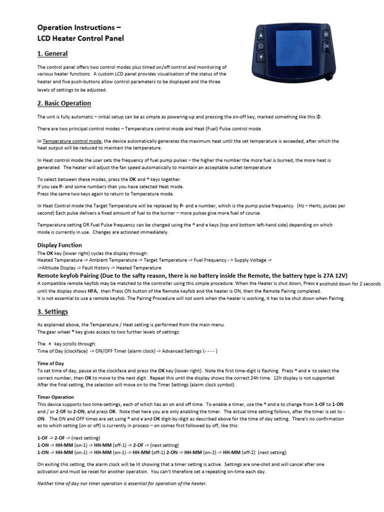 LAVANER 5 BUTTON Diesel Heater Instructions | PDF