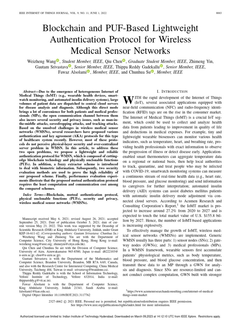 Blockchain and PUF-Based Lightweight Authentication Protocol For Wireless Medical Sensor ...