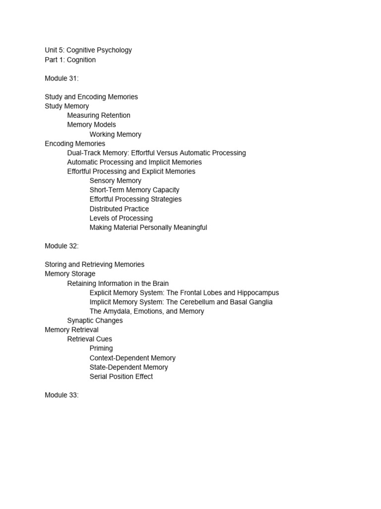 Unit 5 - Cognitive Psychology | PDF | Memory | Recall (Memory)