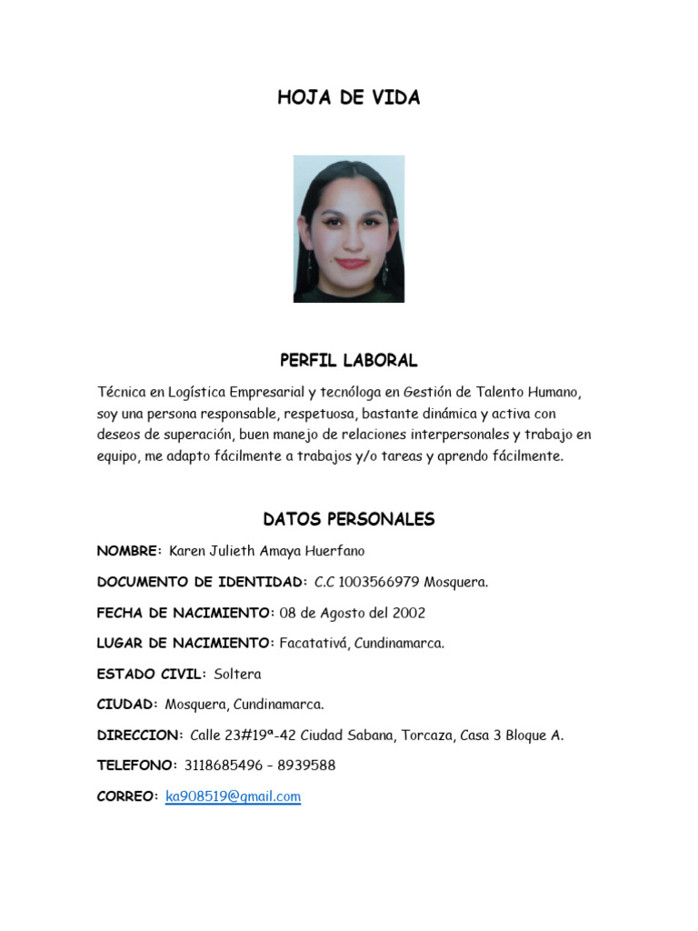 Hoja de Vida de Julieth Amaya | PDF | Crecimiento personal y ...