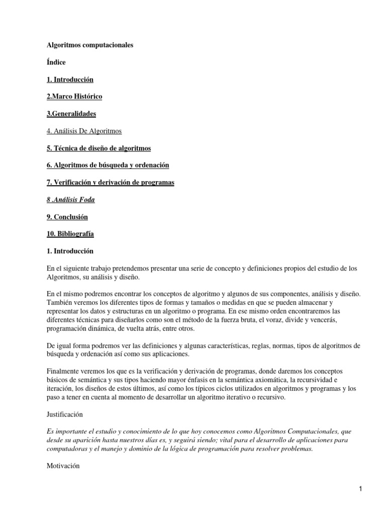 Algoritmos Computacionales Índice 1. Introducción 2.marco Histórico 3.generalidades | PDF ...